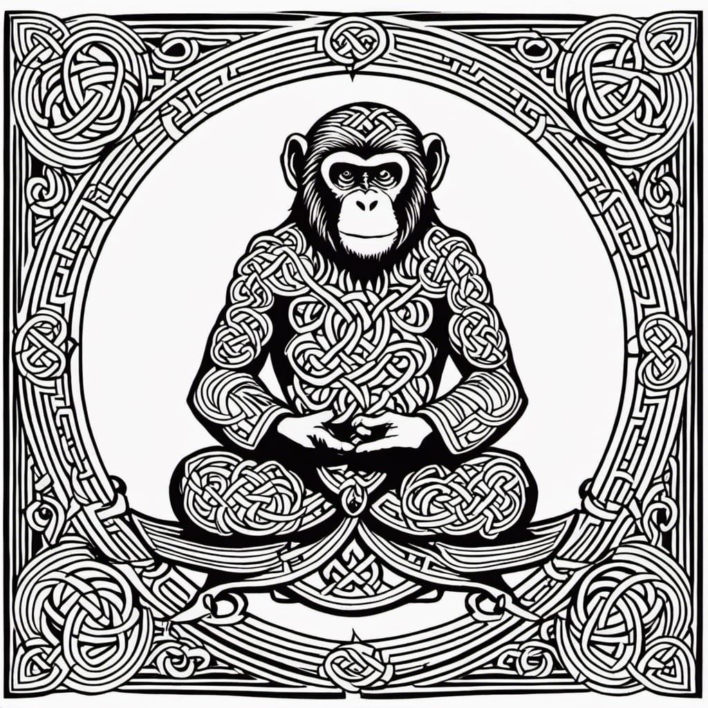 coloring-in book page | elegant Celtic A monkey meditating in a ...