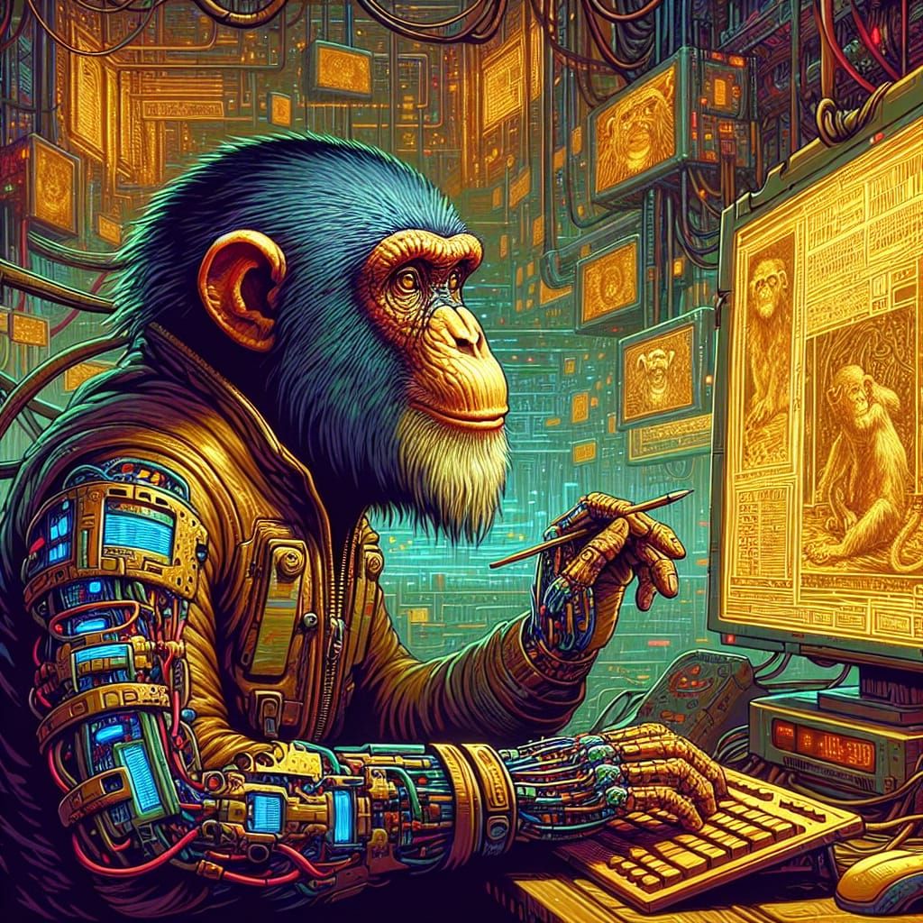 Cyberpunk Chimpanzee at Work on the Computer - AI Generated Artwork ...