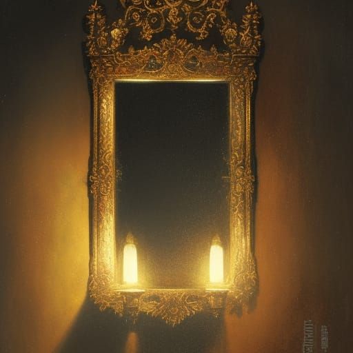 An ornate victorian mirror in an old house. A terrible ghost is reflected in the morror's black ...