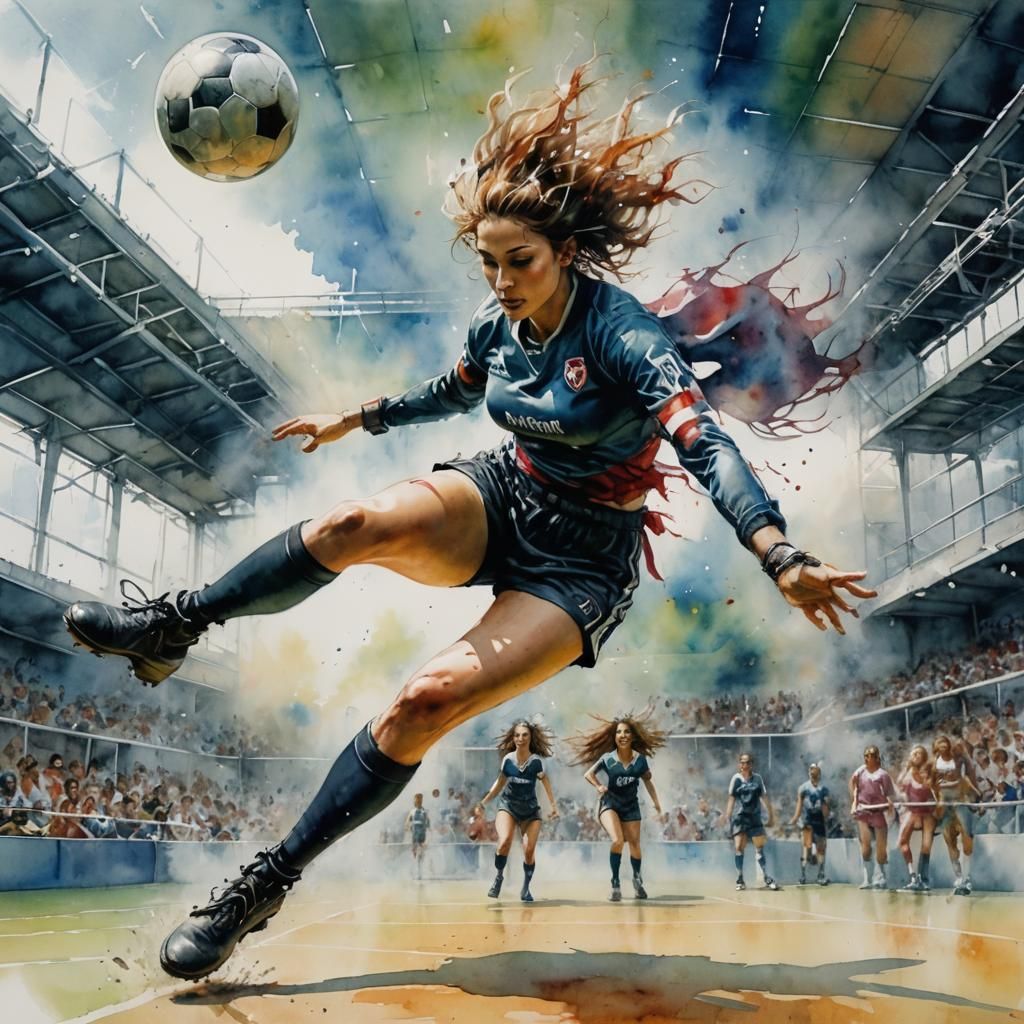Professional female football player diving for a ball - AI Generated ...