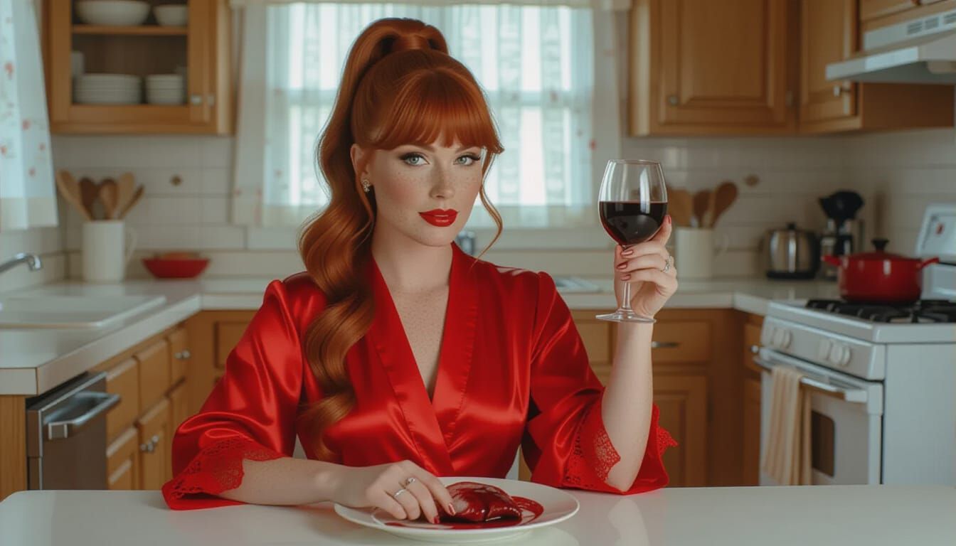 Retro Kitchen Nightmare with Red Wine - AI Art