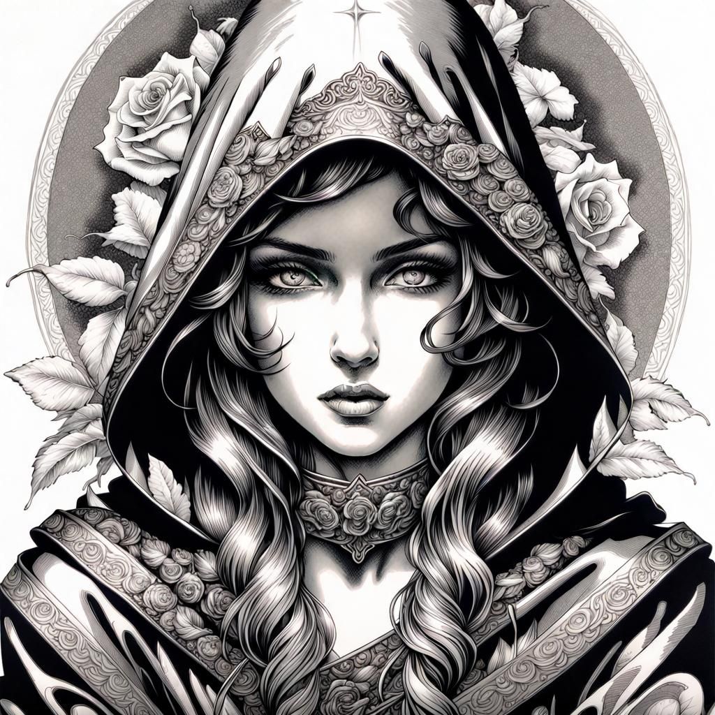 Detailed hooded beautiful Lady of the Roses head and shoulders detailed ...
