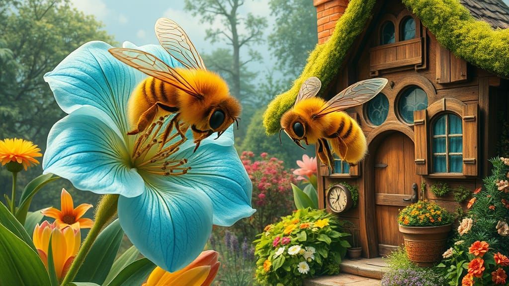 two buzzing bees - Golden Bees Gather Nectar in Whimsical Ga...