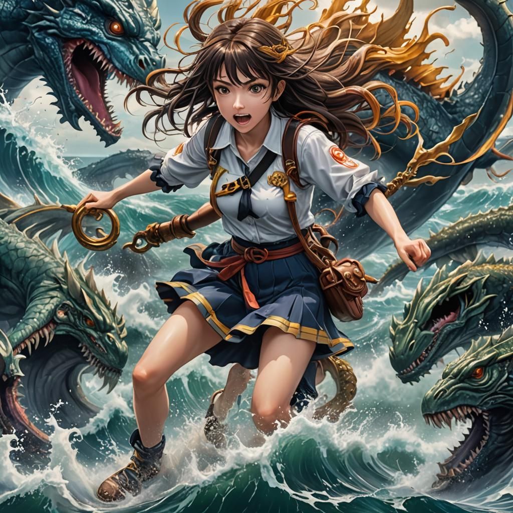 A beautiful Sea's Heroine battling against a Sea monster in the sea ...