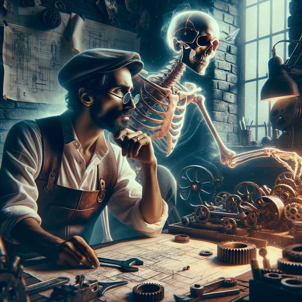 Inventor Collaborates with Glowing Skeleton in Mys... - AI Art
