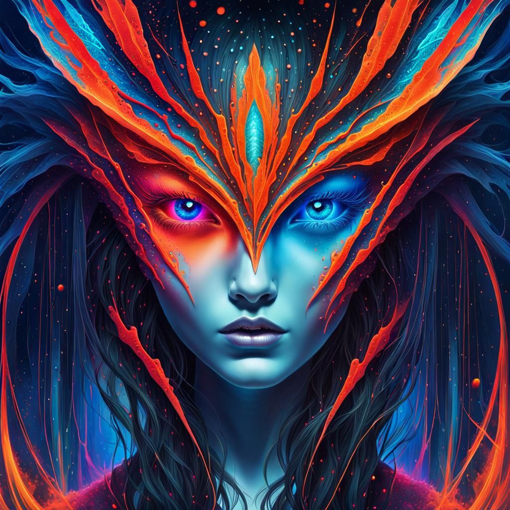 Vibrant, visually captivating digital artwork, an alien, fiery orange ...