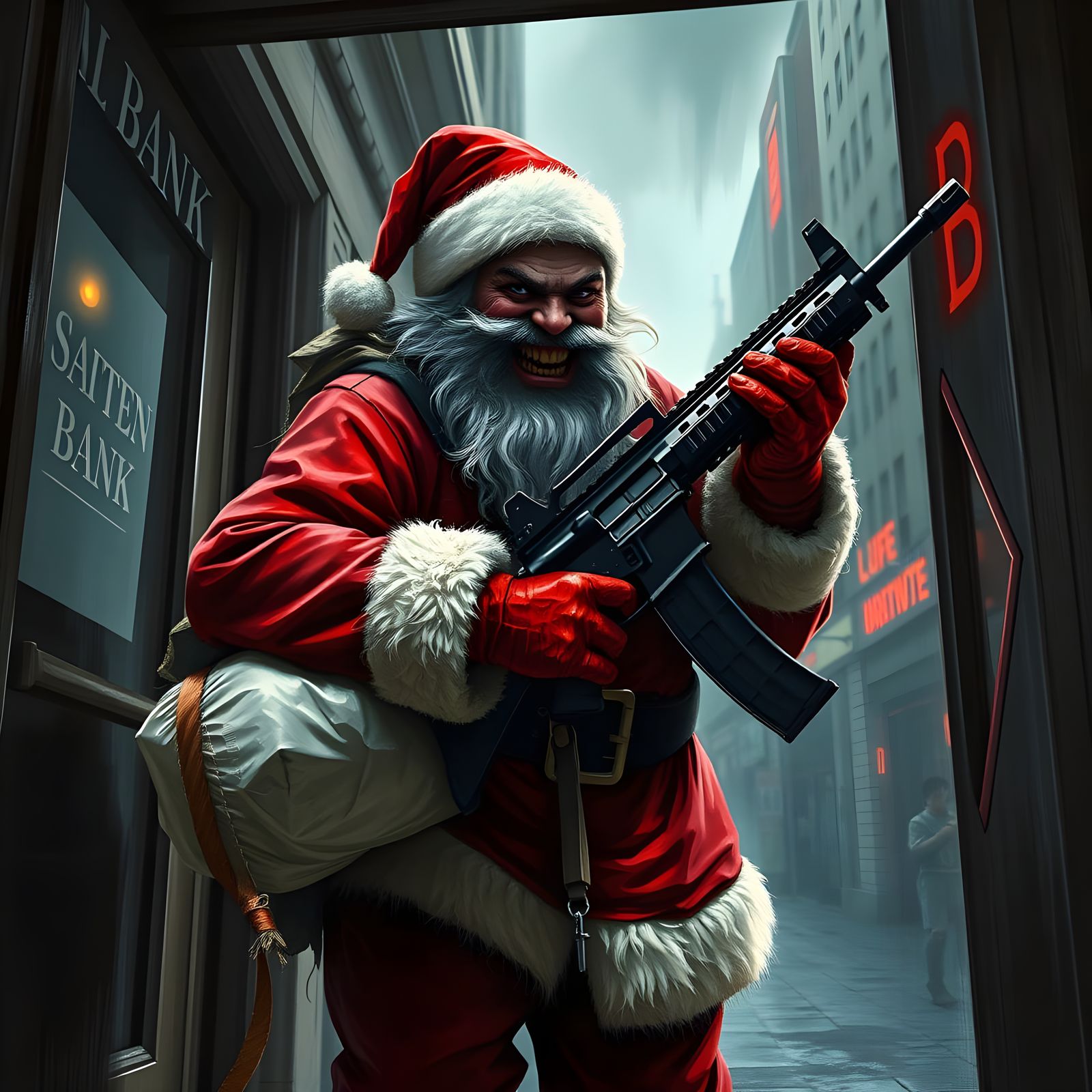 Santa robbing a bank, running outside with sacks of money, ar-15 rifle ...