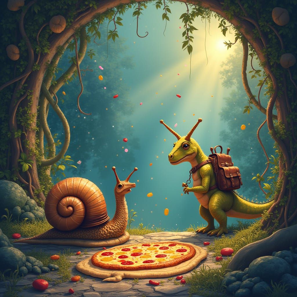 the snail of time and the cheesy dinosaur share some slices