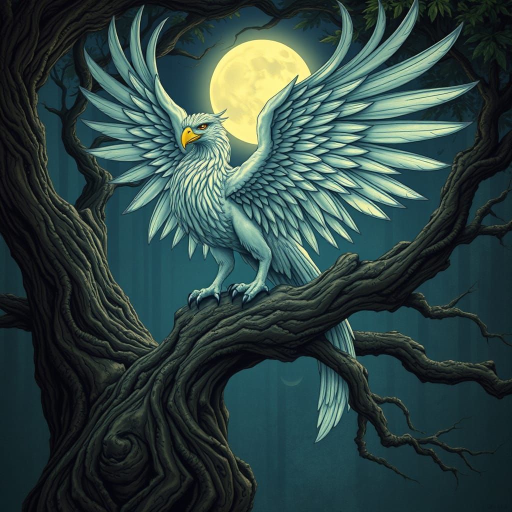 A majestic griffin perched atop an ancient, gnarled oak tree in a moonlit forest, its feathers ...