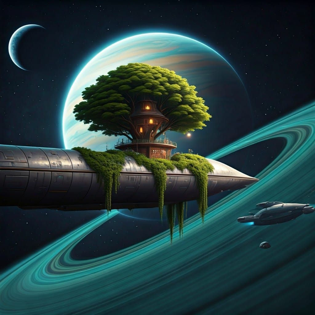 Solarpunk Treehouse Soars Through Cosmic Vortex in... - AI Art