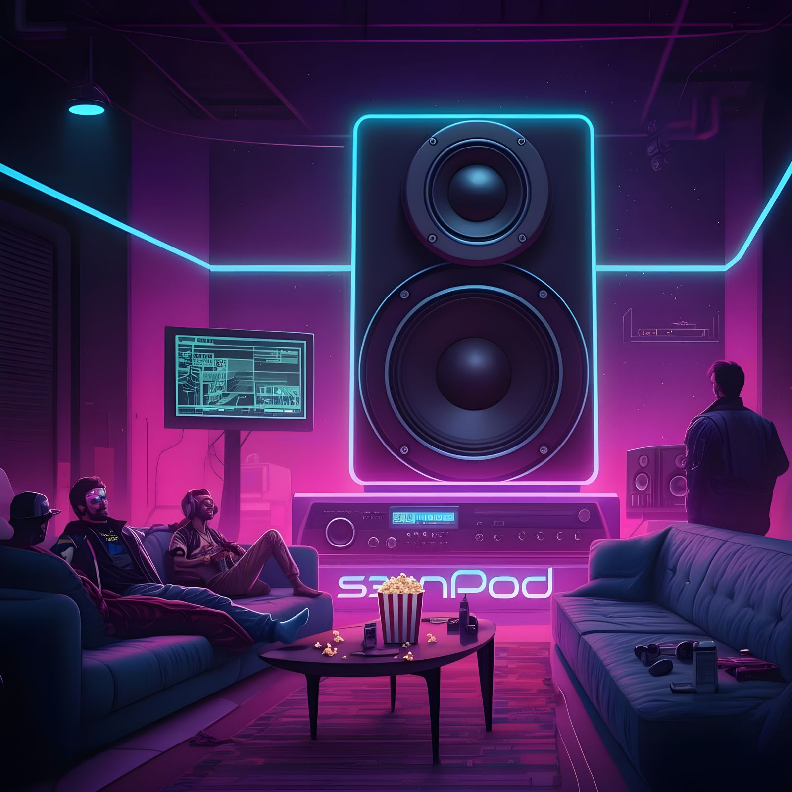 Giant Speaker in Cyberpunk Living Room Scene - AI Art