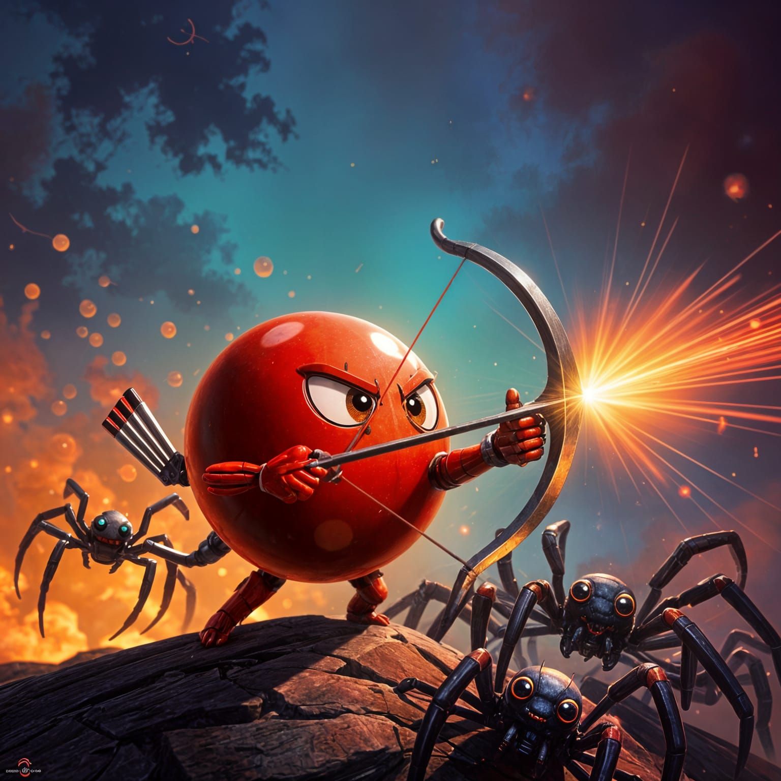 Heroic Red Ball Battles Evil Spiders in Vibrant Li... - AI Art