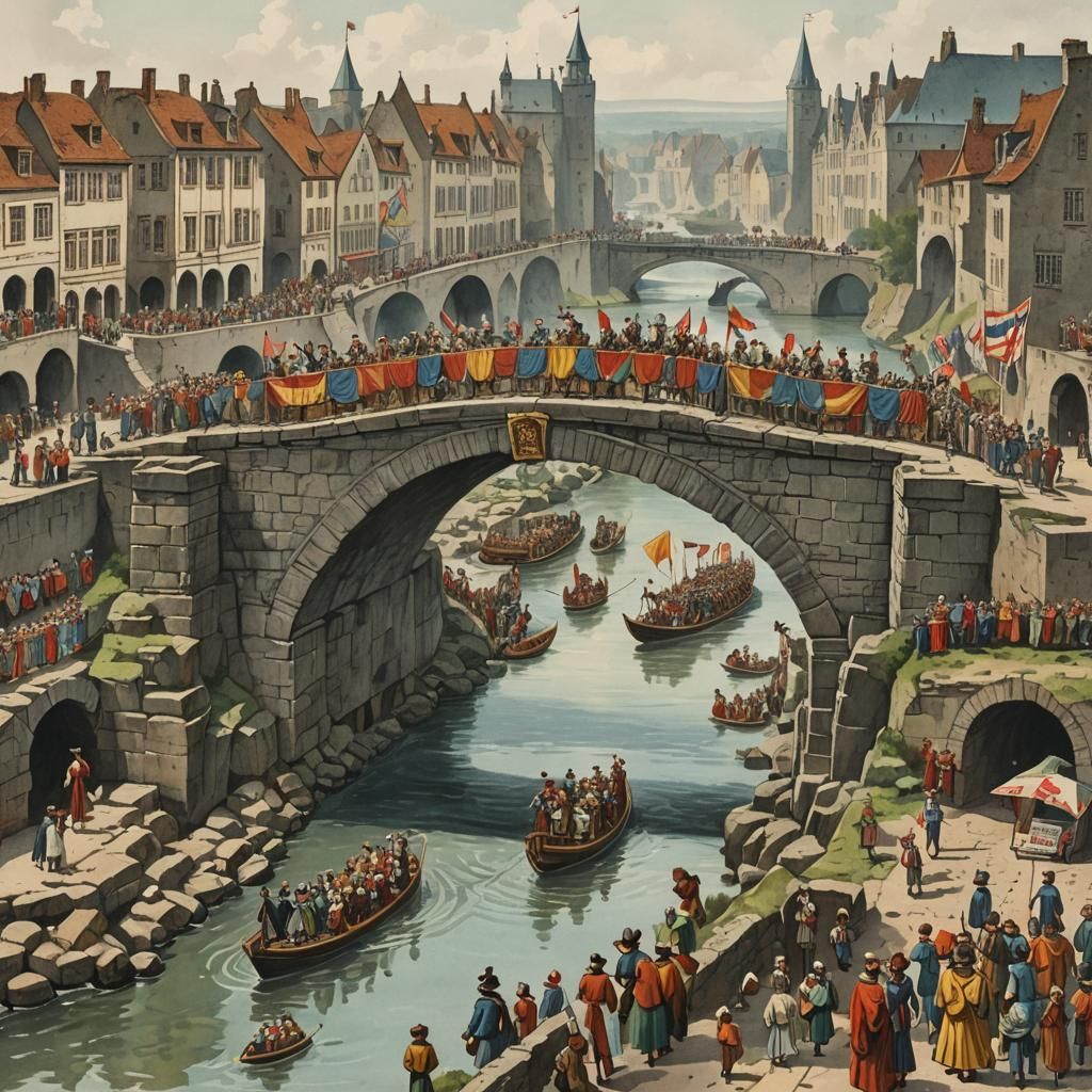 Ancient stone bridge over a river with a circus parade crossing - AI ...