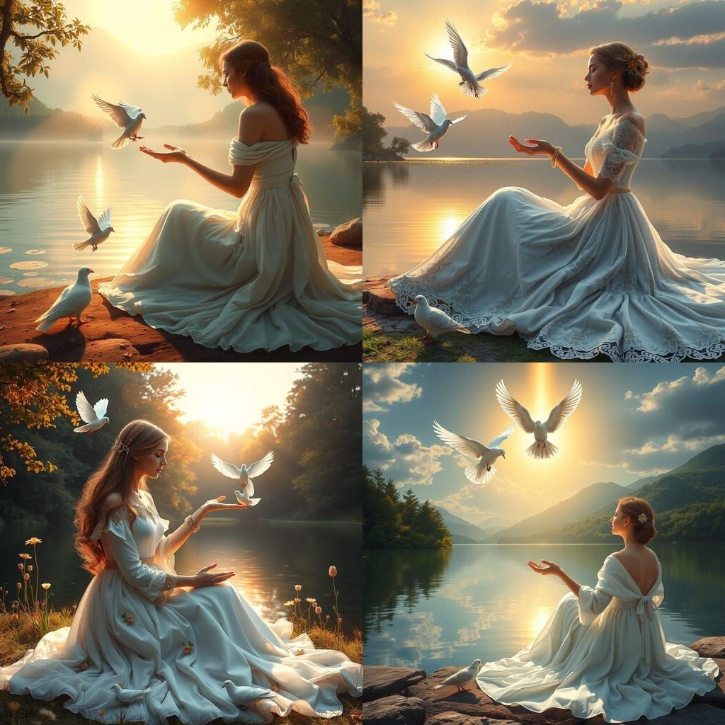 Doves of Peace and Love Surround a Goddess in a Vi... - AI Art