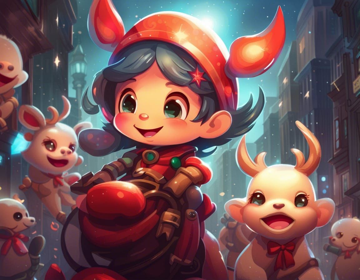 An Adorable happy chibi Christmas elf riding rudolph the red nose ...