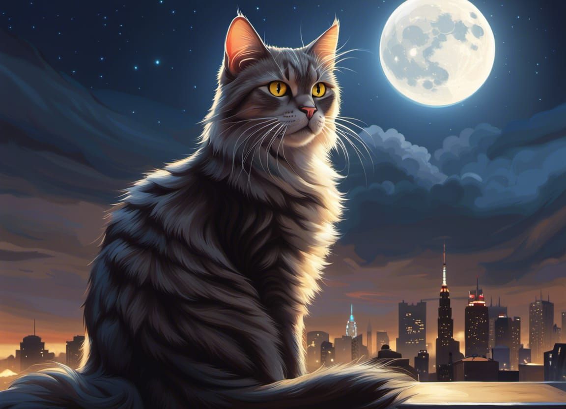one cat, on a rooftop, at night, full moon shining, stars, head and ...