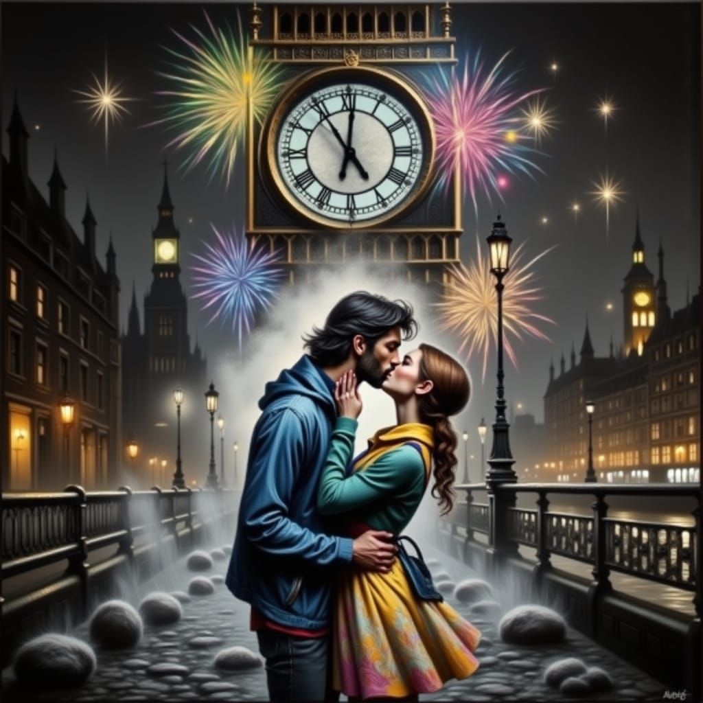 a couple kiss under the face of big ben at midnight as fire works ...