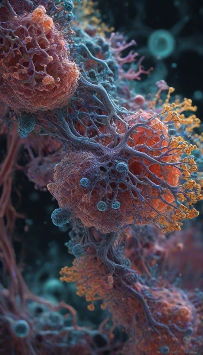 Photomicrograph of fractal alien bacteria invading human cells