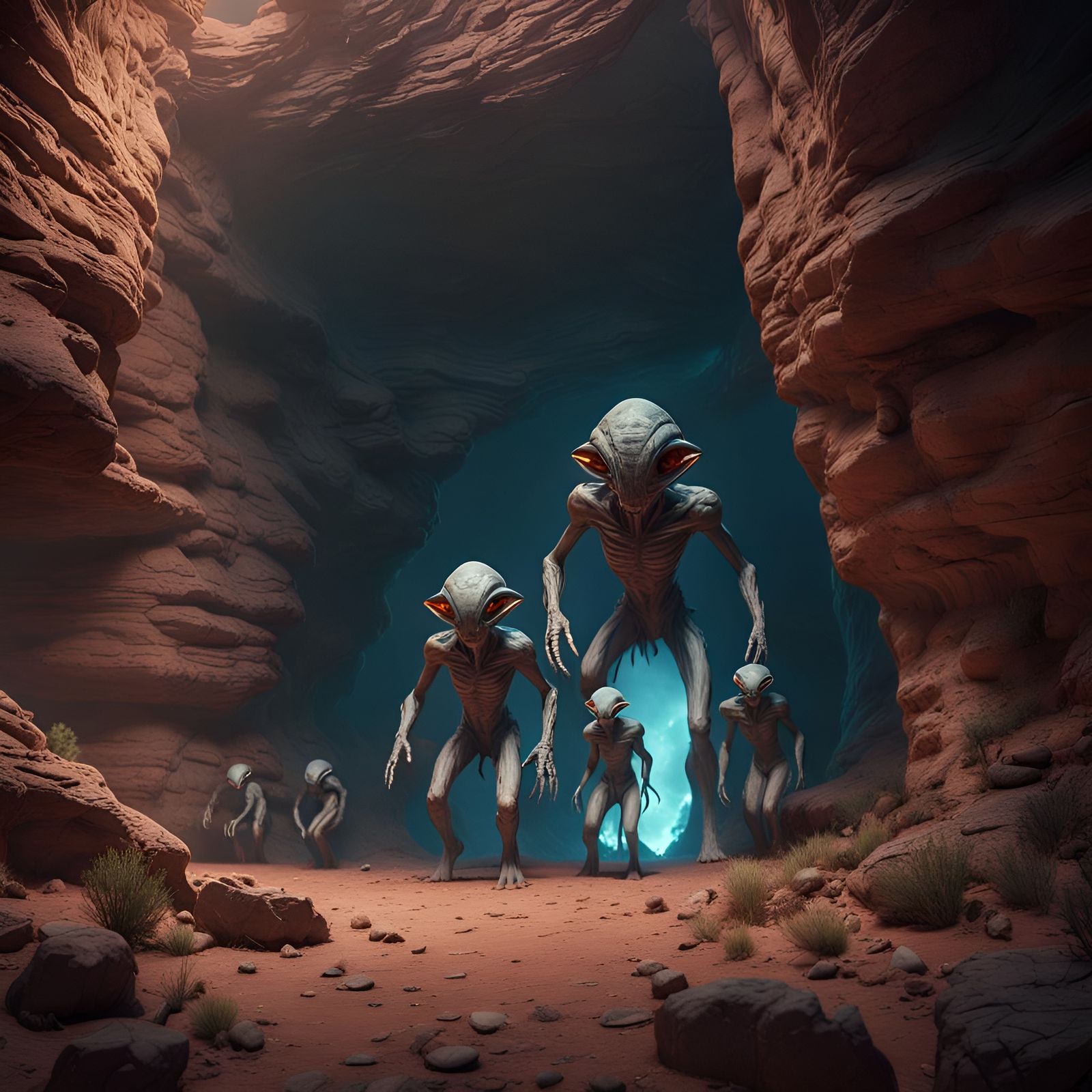 A small group of aliens emerging from a cave in the Grand Canyon - AI ...