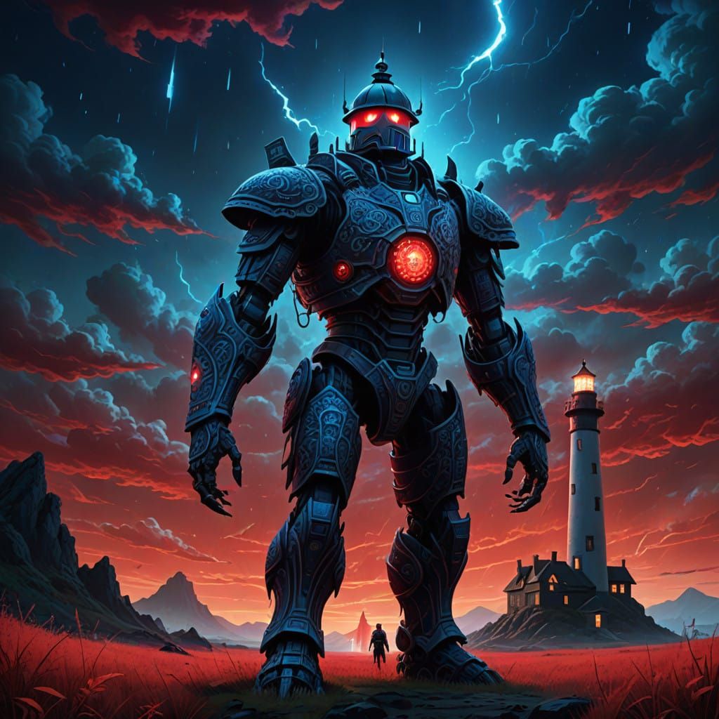 Mythical Crimson Warrior Emerges from Infernal Red... - AI Art