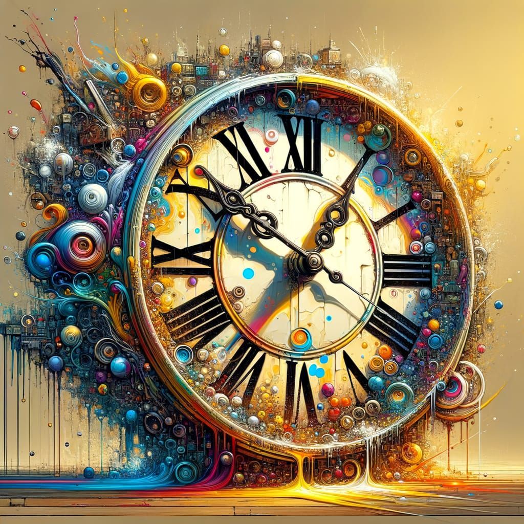Distorted clock set at 1:27, graffiti art, splash art, street art ...