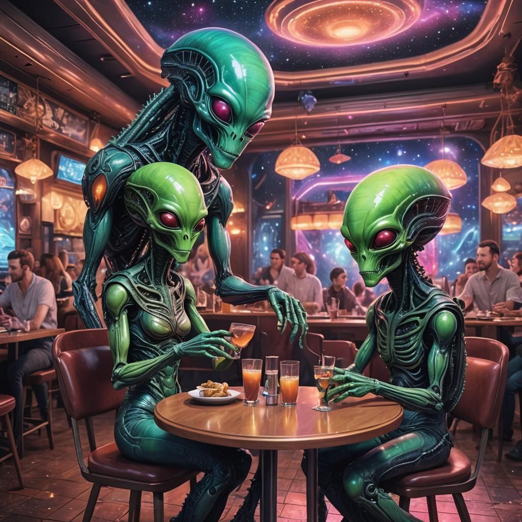 Aliens on a Date in a Restaurant - AI Generated Artwork - NightCafe Creator