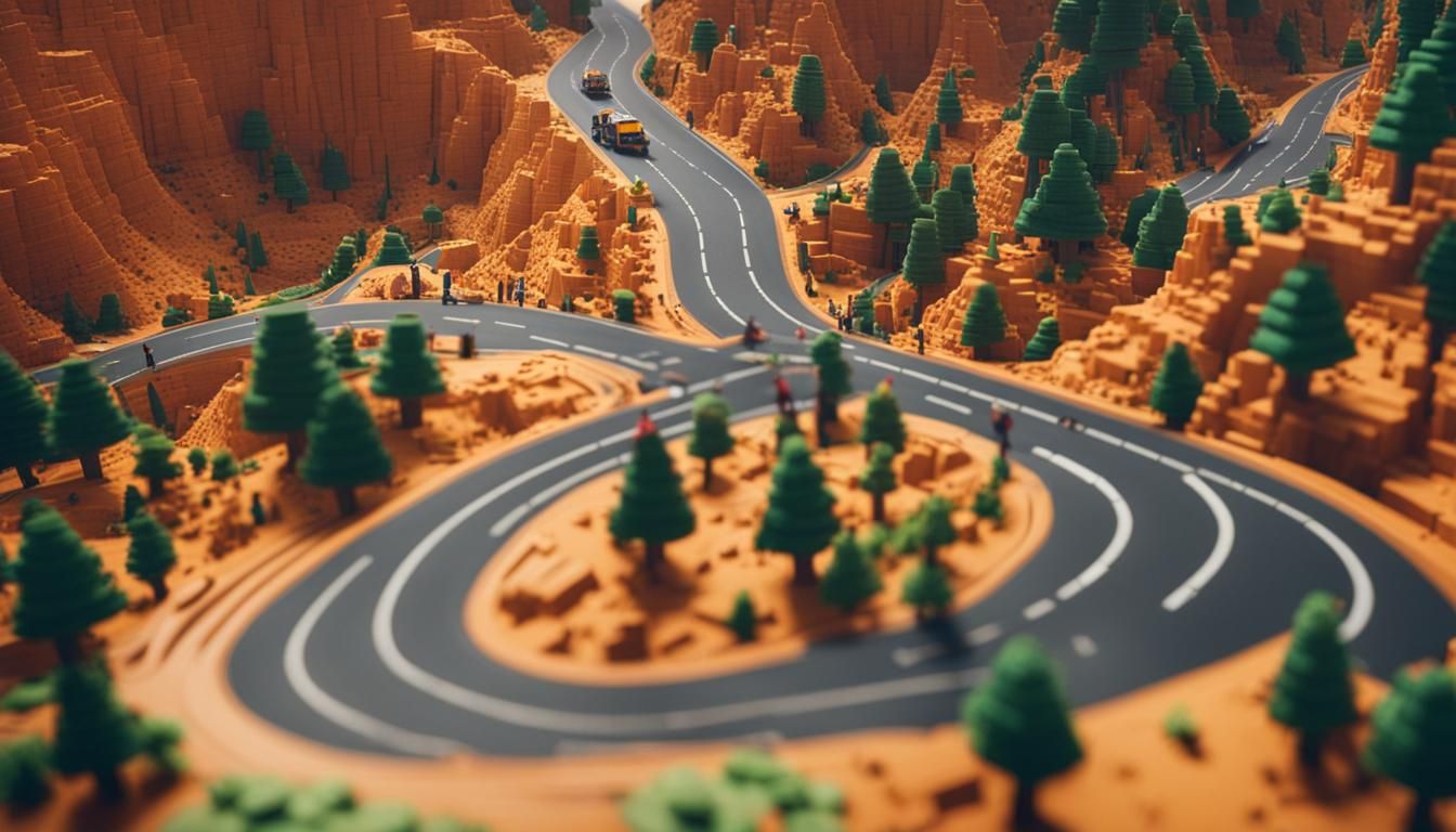 shot of road in mountain, with voxel people and voxel vehicles, macro ...