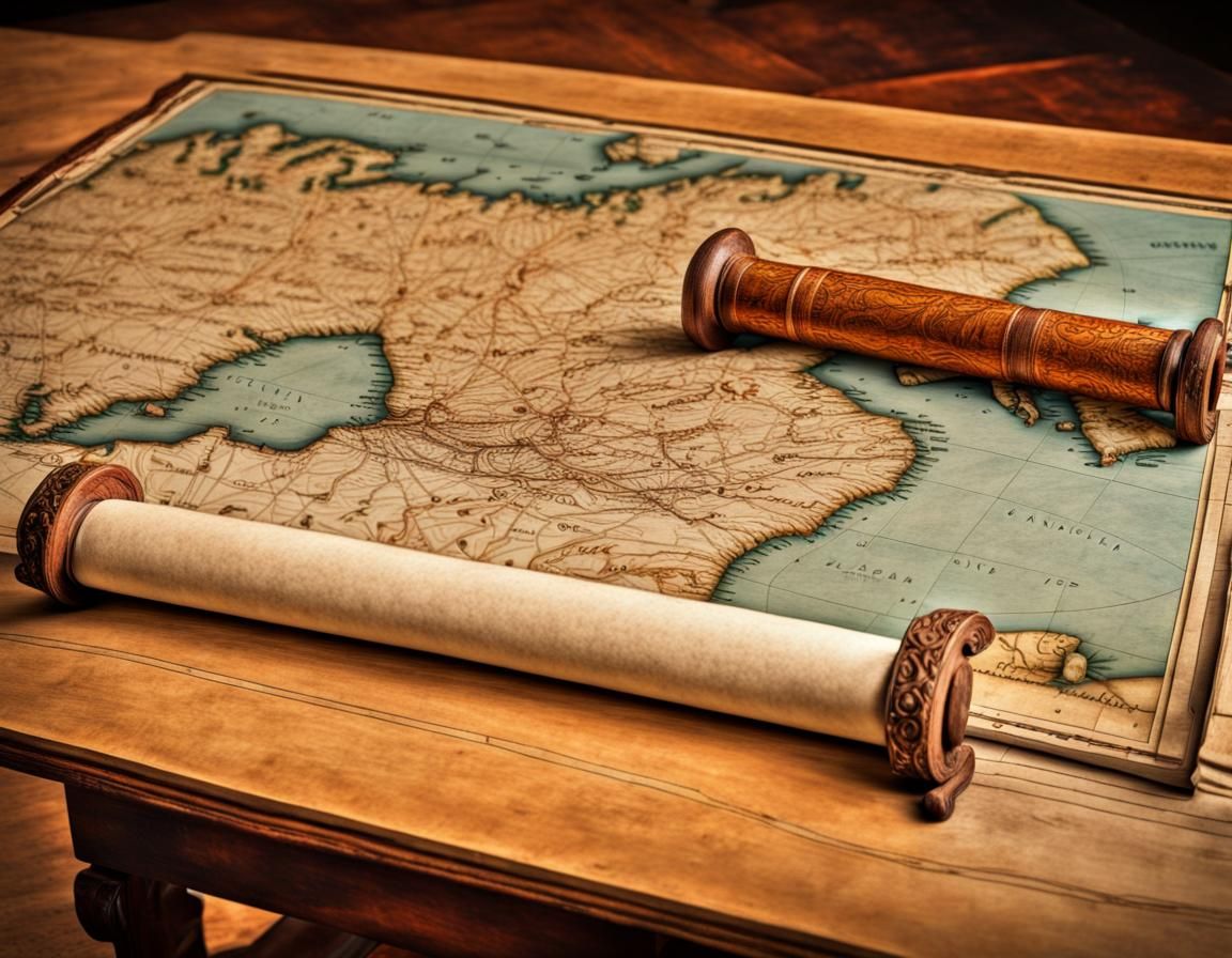 art deco ancient map scroll on a table, crete, impasto ...