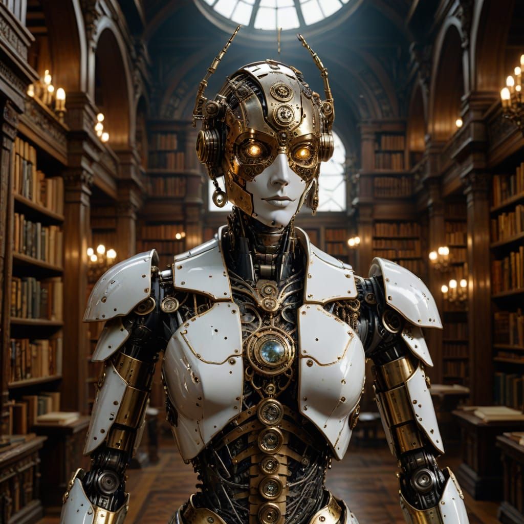 Android Butler in Steampunk Library, Luis Royo Sty... - AI Art