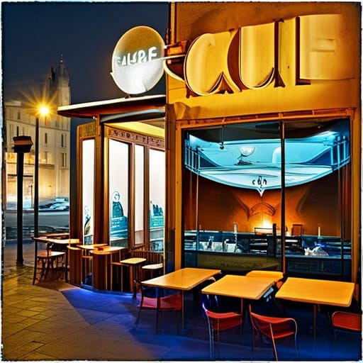 Terrasse du café le soir, Place du forum, Arles. Text sign that reads ...