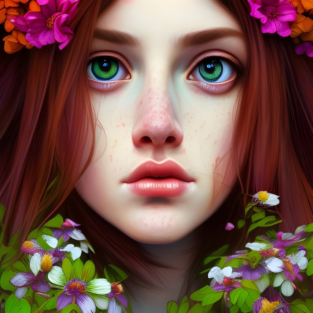 girl, freckles, big doe eyes, full lips, fiery locks of long hair ...