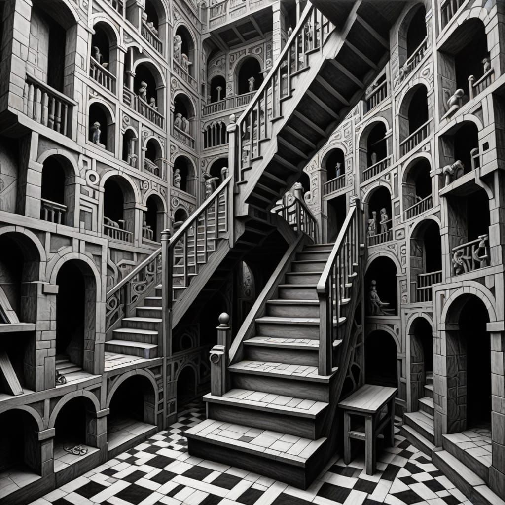 Stair maze done in the style of M.C. Escher