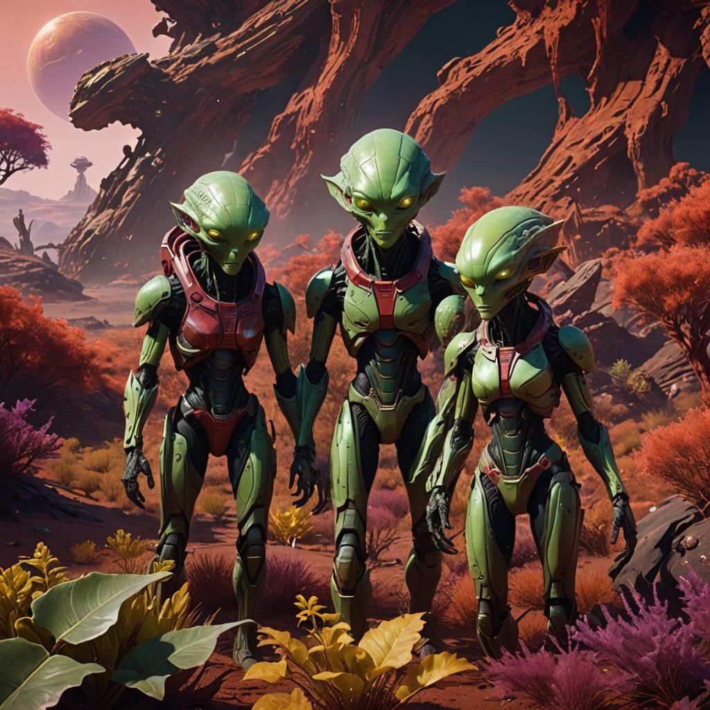 Two Green aliens ,male and female, in a red planet with red vegetation ...