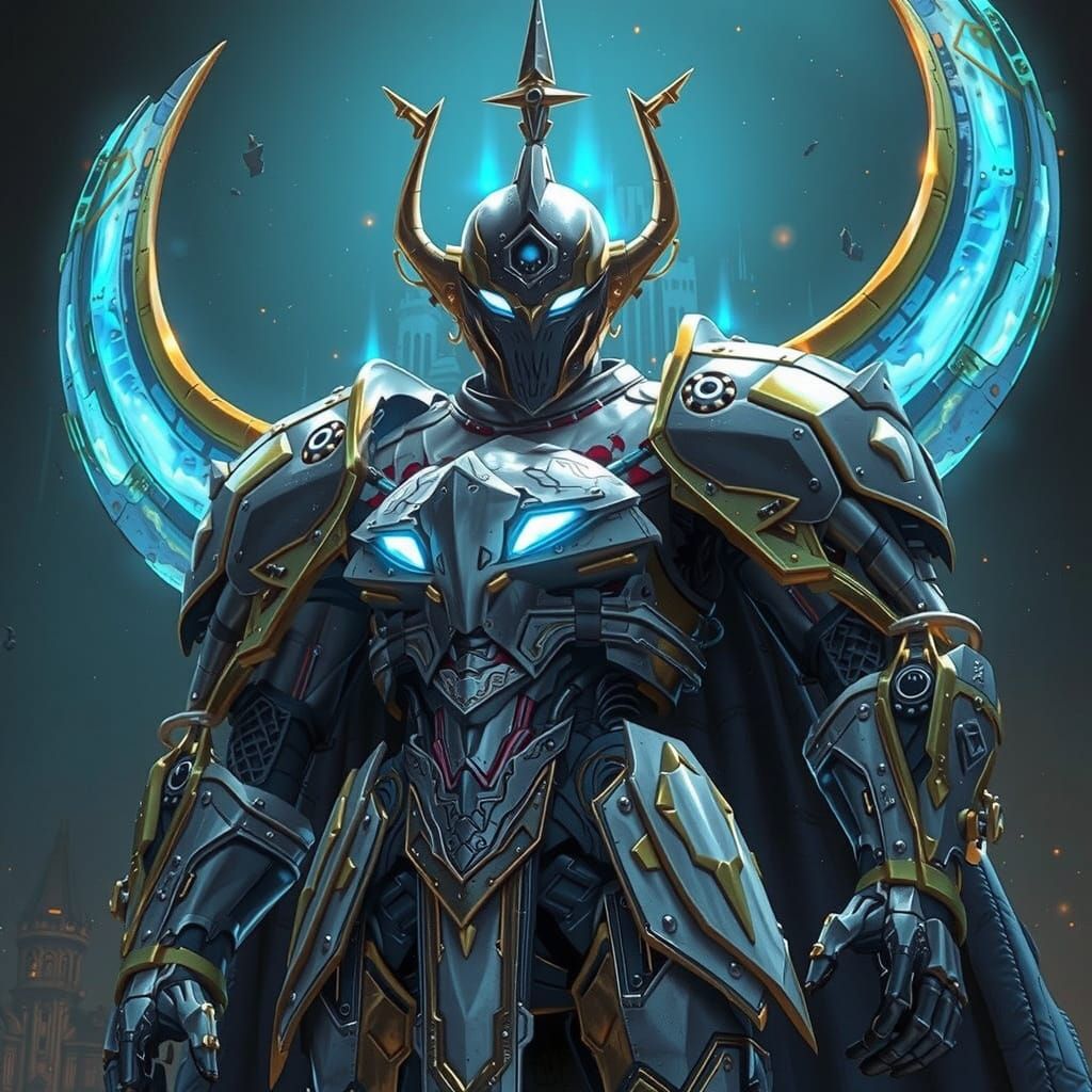 Holy warrior knight mech glowing blue eyes : Evolved rendering