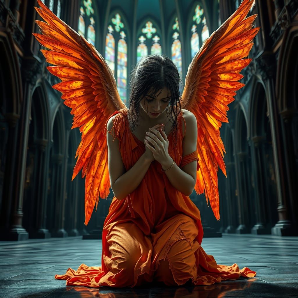Gothic Angel in Despair Before Ornate Altar - AI Art
