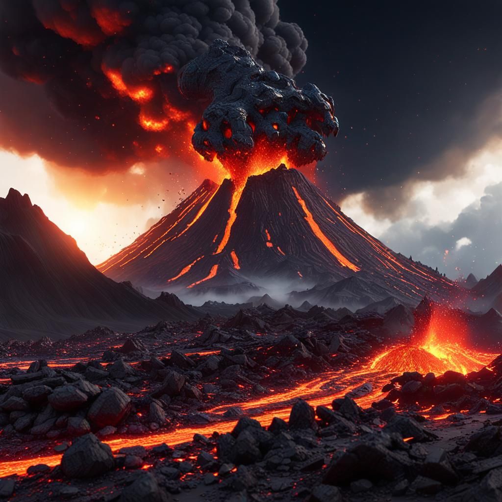 The lava erupting from the very large volcano is very high intricate mech details, ground level ...