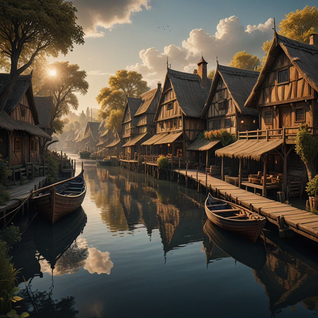Medieval Masterpiece: Golden Hour on the River - AI Art