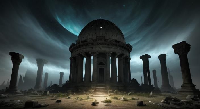 surreal, ancient rome, abandoned temple on exoplanet, wrecked technology, dark clouds, surreal ...