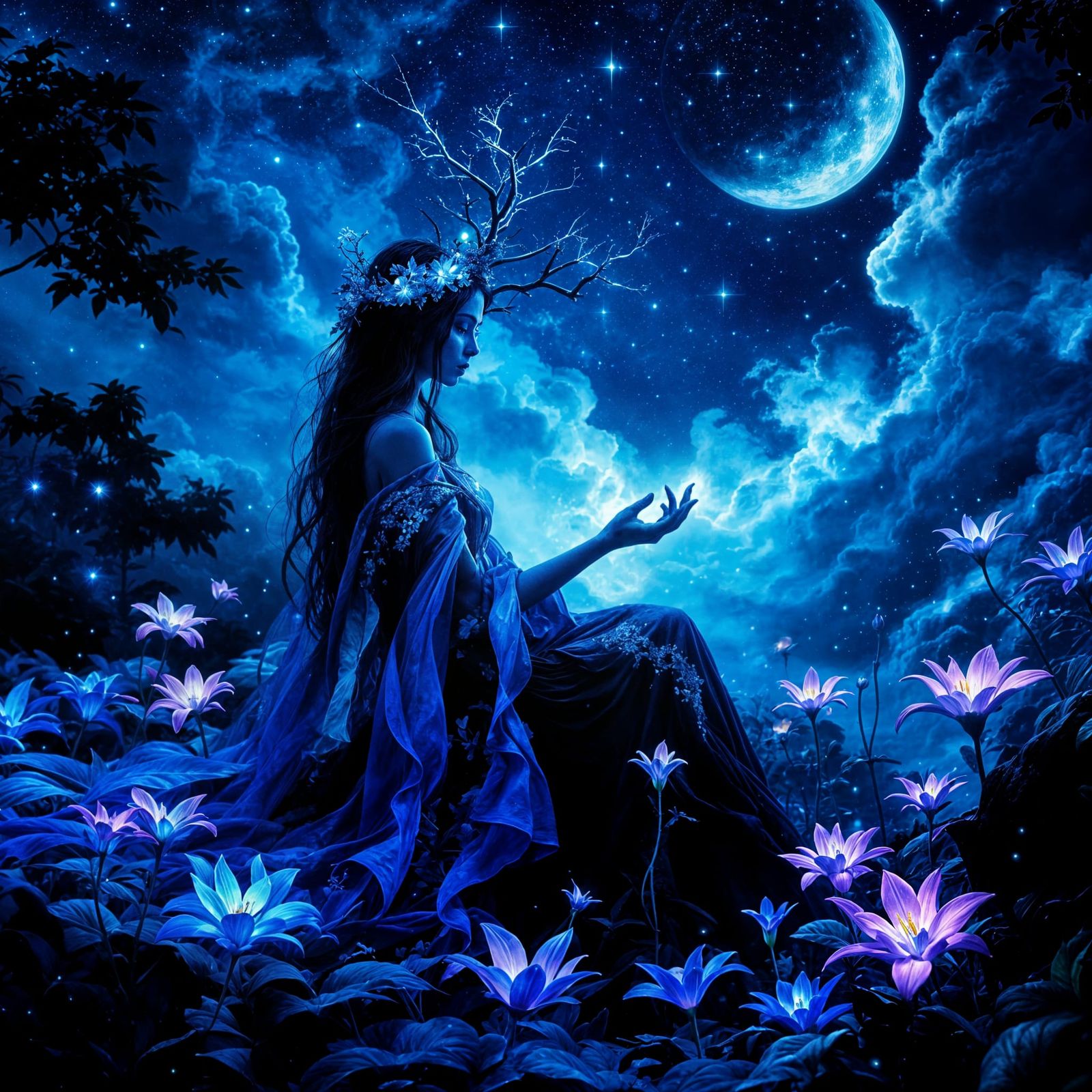 Ethereal Goddess of Secrets Tends Glowing Blue Moo... - AI Art