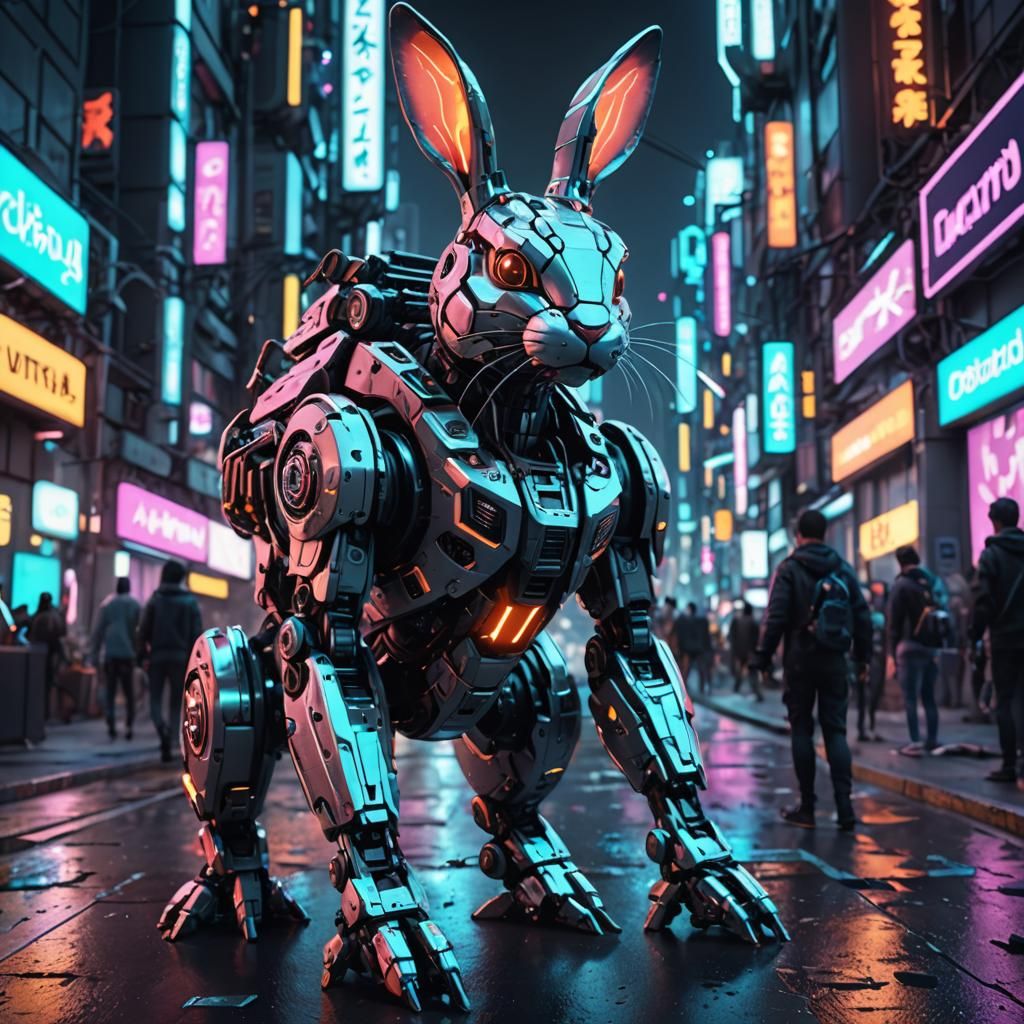 Robo-Cyborg bunny in a futuristic neon city, cyberpunk. - AI Generated ...