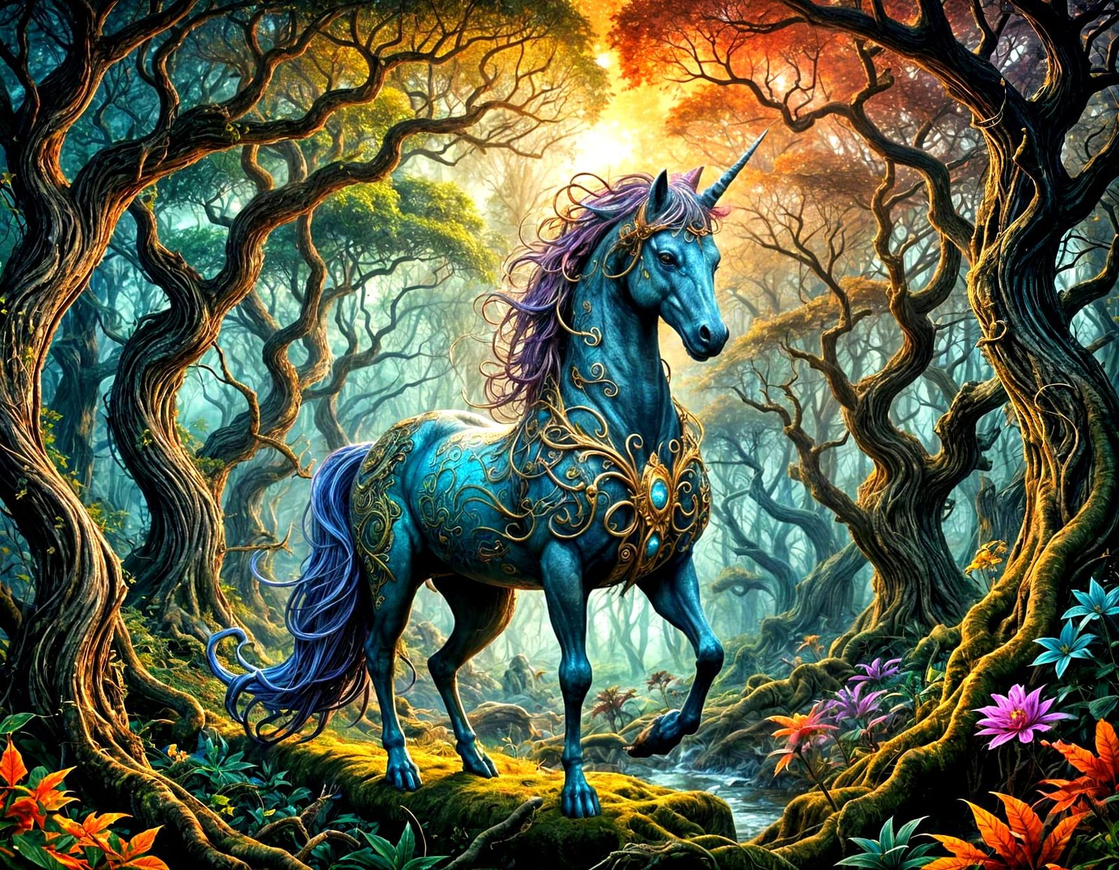 Ethereal Unicorn Reigns in Cosmic Forest - AI Art