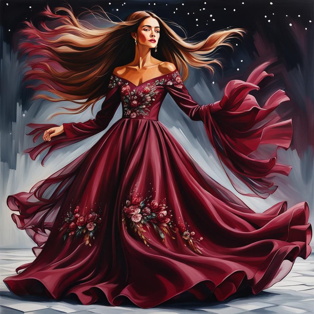Deep Red Wide Evening Gown Cartoon. Redone. - AI Generated Artwork - NightCafe Creator