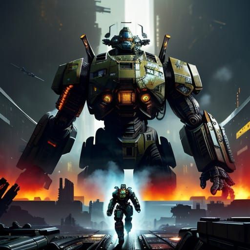 Sleek Metallic Mech Titans Clash in Ruined Citysca... - AI Art