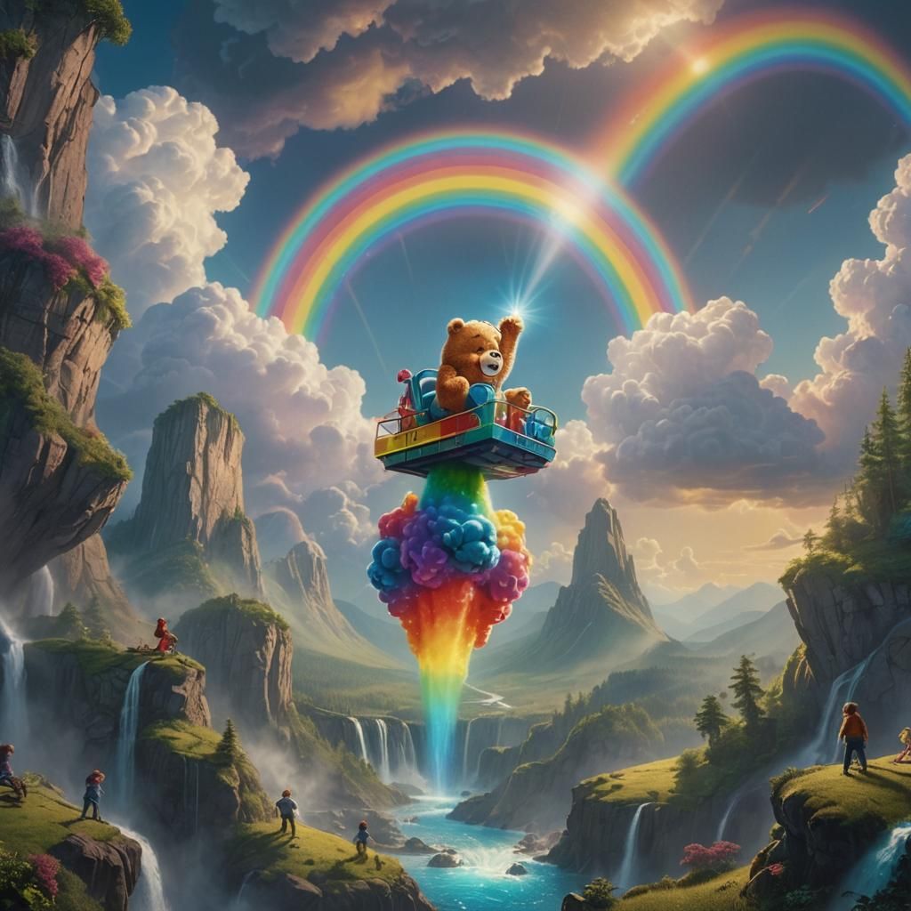 Rainbow rescue beam from the Care bears movie transporting a boy down ...