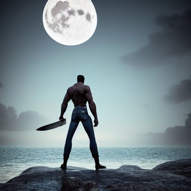 The tall muscled man is standing. He is wearing a dark jeans and a ...