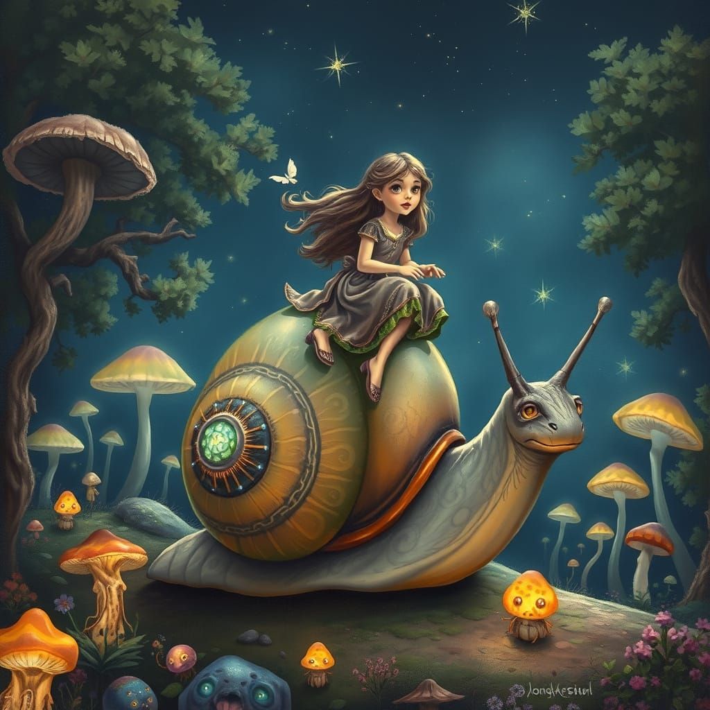 Snail Ride - Whimsical Nighttime Journey on a Glowing Snail