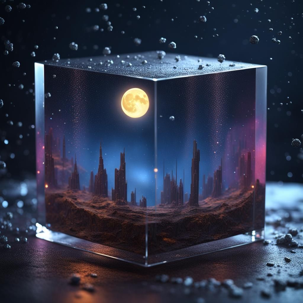 raining scape : Moon and stars within a cube : Moon and stars inside a ...
