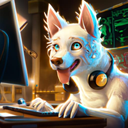 cute white dog using a computer - AI Generated Artwork - NightCafe Creator