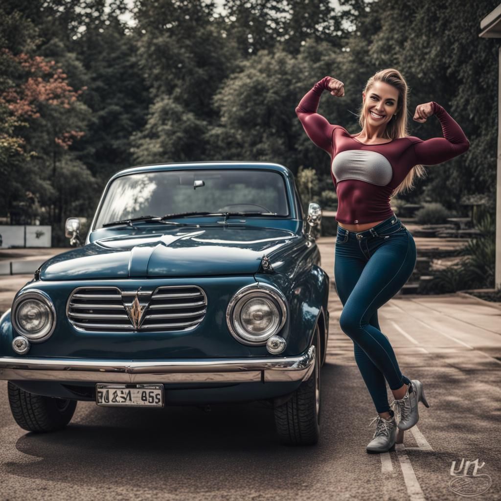 cute female bodybuilder posing by her car - AI Generated Artwork ...