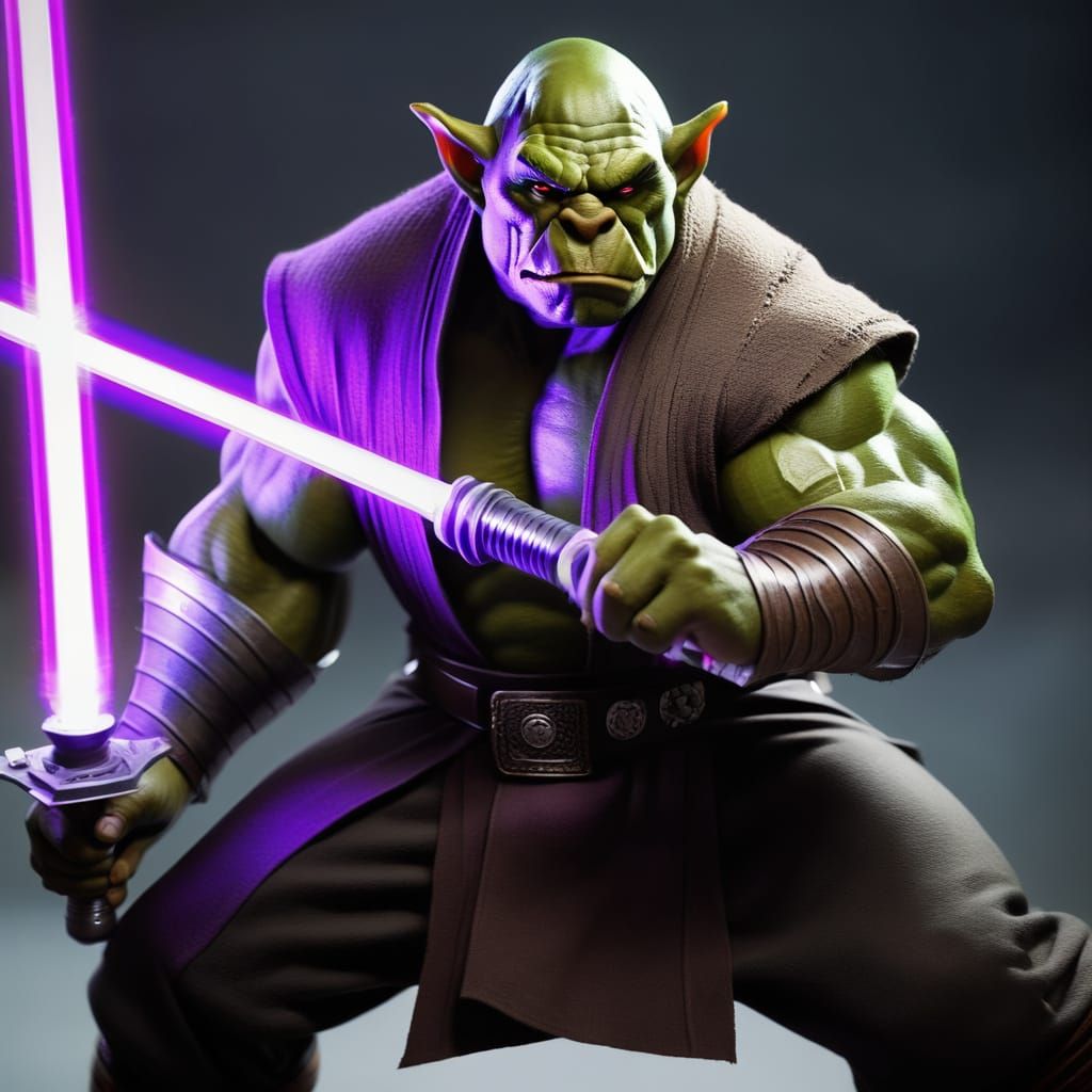 Mighty Orc Jedi Wields Purple Laser Sword - AI Art